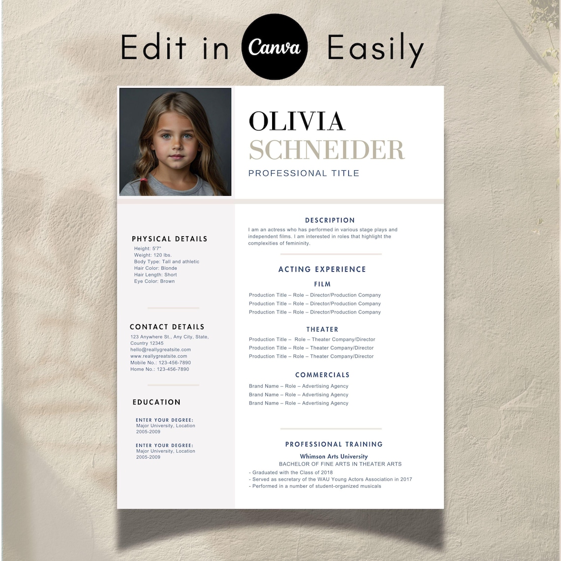Child Actor Resume Template, Editable in Canva, Child Model Resume ...