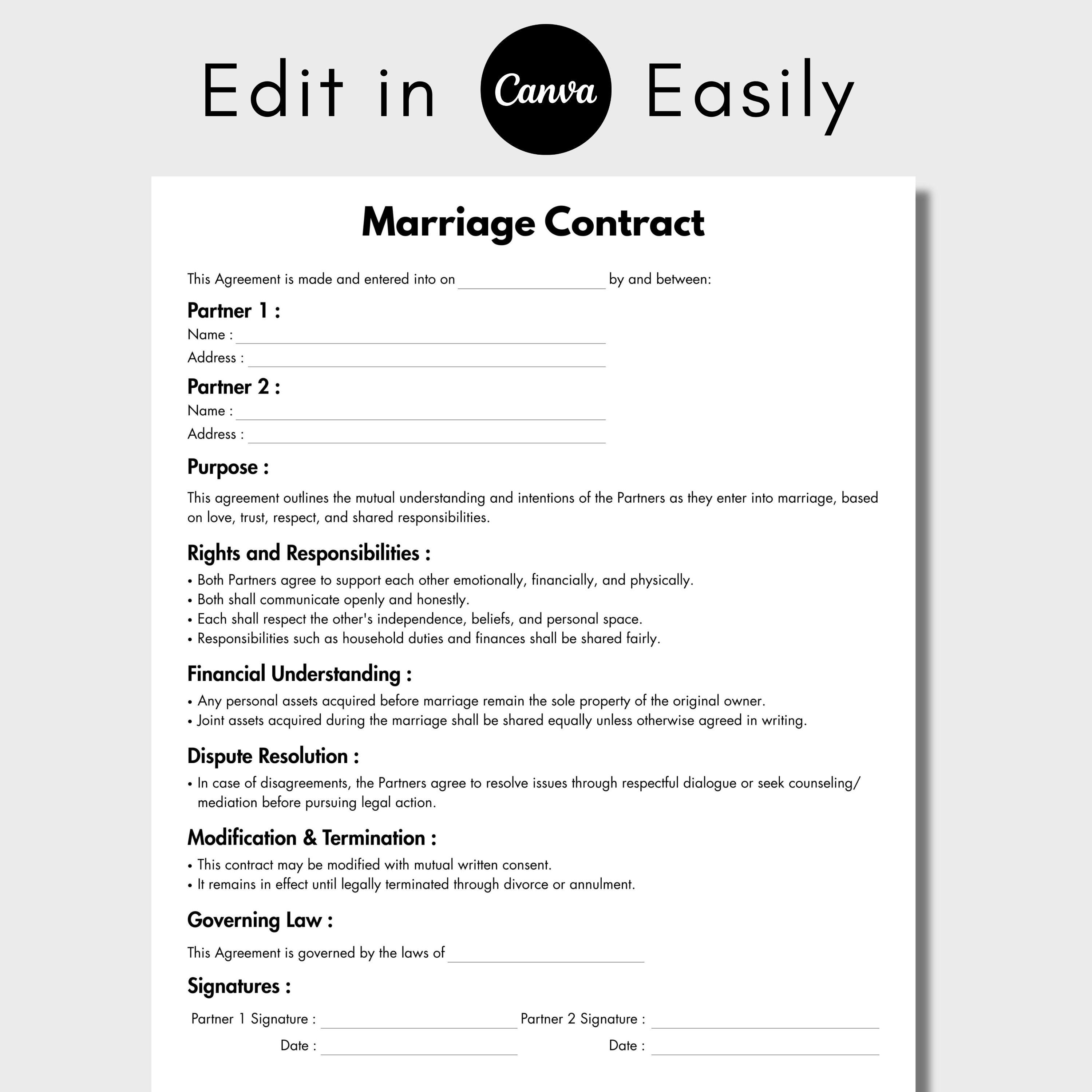 One Page Marriage Contract, Editable Couple Marriage Agreement Form ...