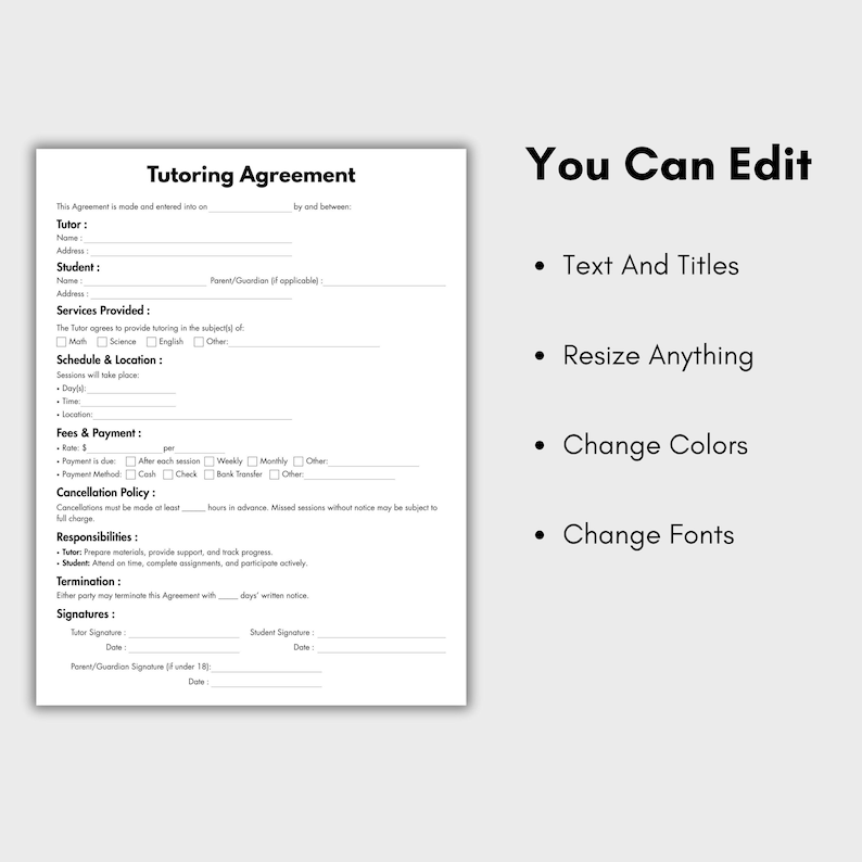 One Page Tutoring Agreement, Editable Tutoring Terms Contract Template ...