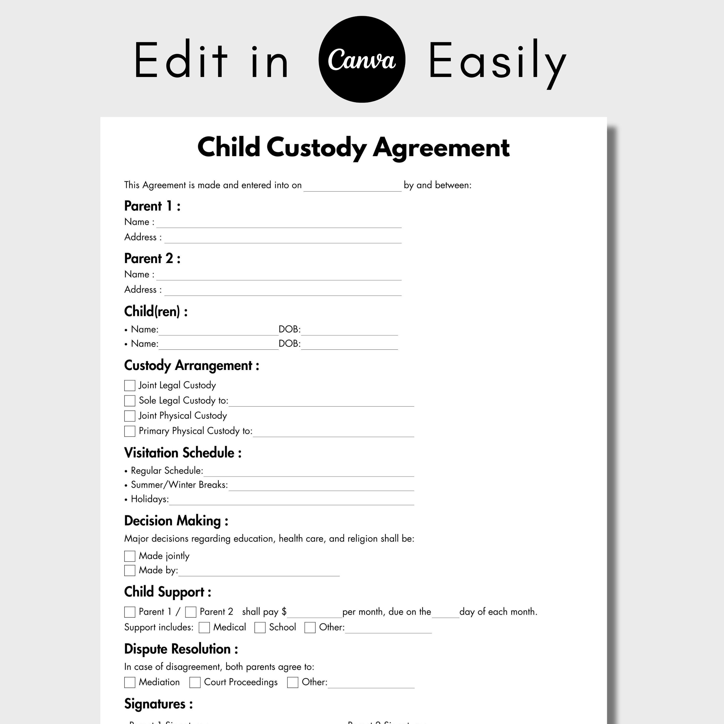 One Page Child Custody Agreement, Editable 50/50 Joint Custody ...