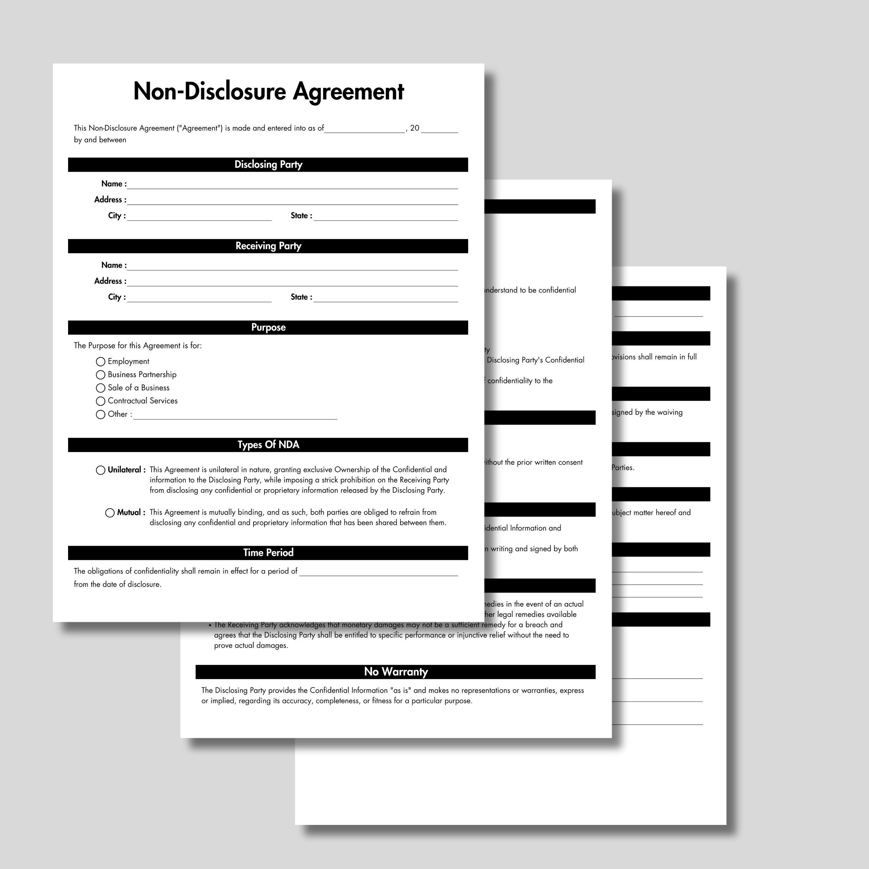 Editable Non-disclosure Agreement, Printable NDA Forms, Confidential ...