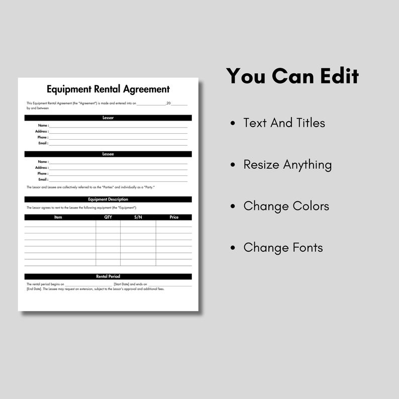 Editable Equipment Rental Agreement, Printable Equipment Rental ...