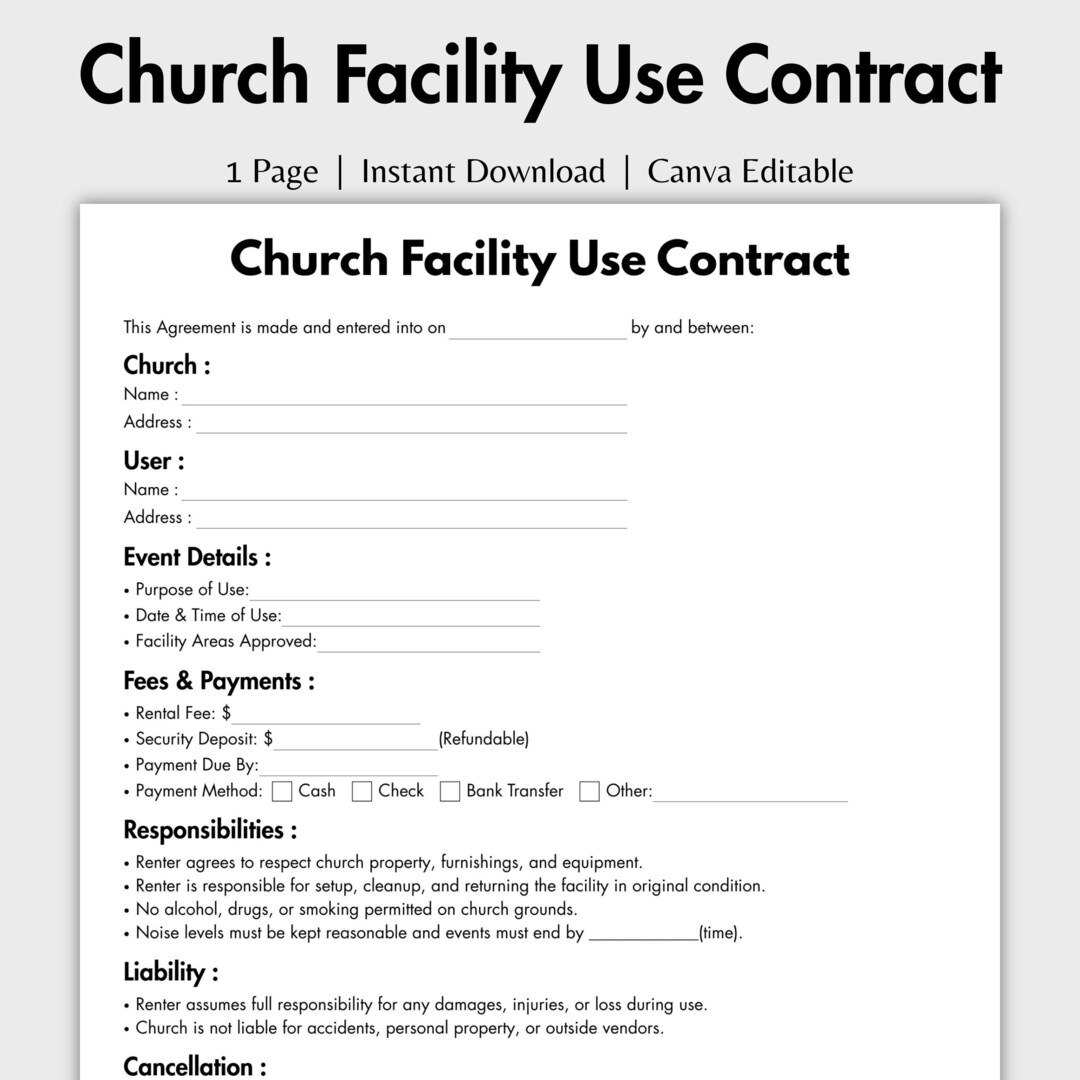 One Page Church Facility Use Contract, Editable Church Rental Agreement ...