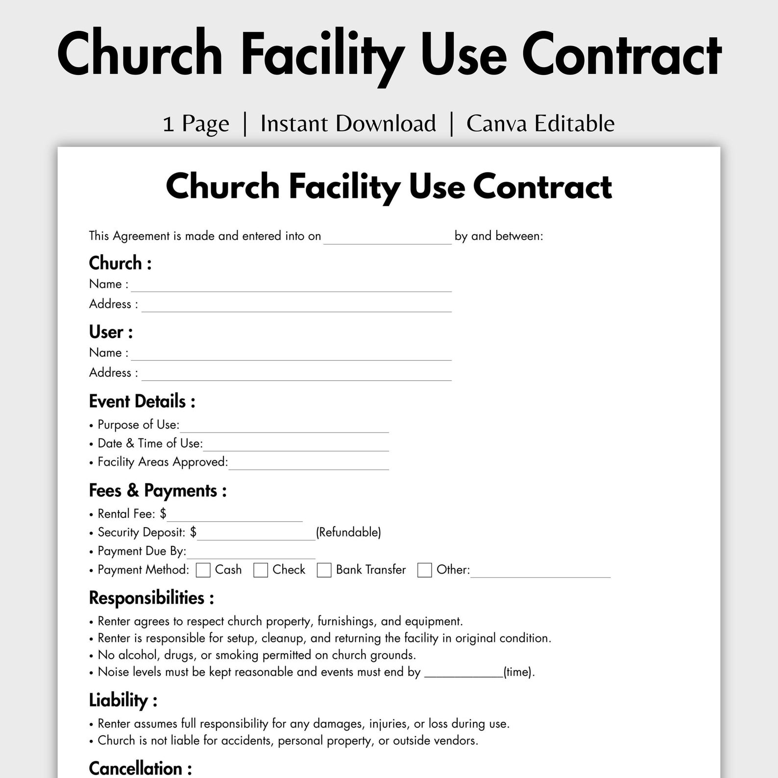 One Page Church Facility Use Contract, Editable Church Rental Agreement for Events Form Template ...