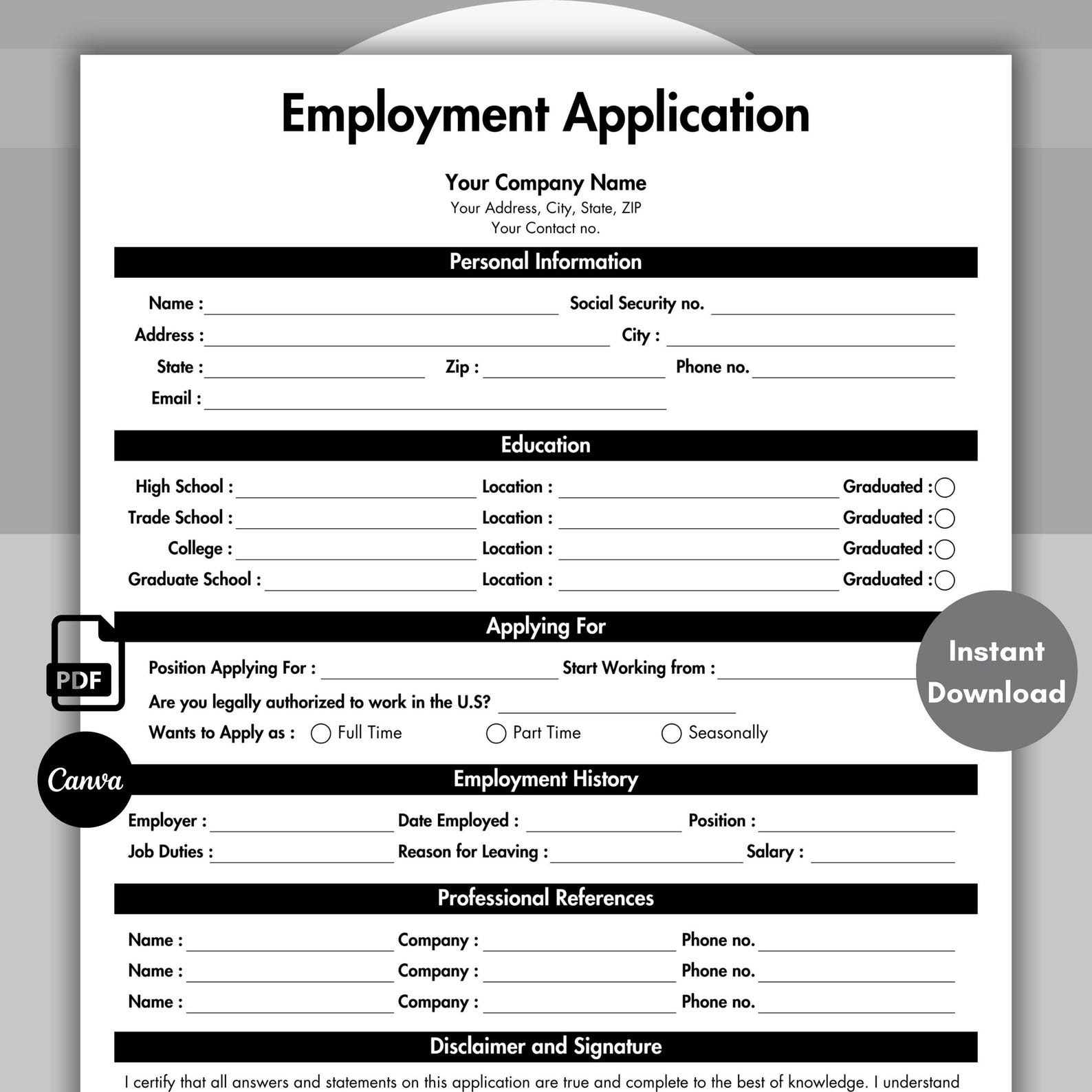 Editable Employee Application, Printable Application for Employment ...
