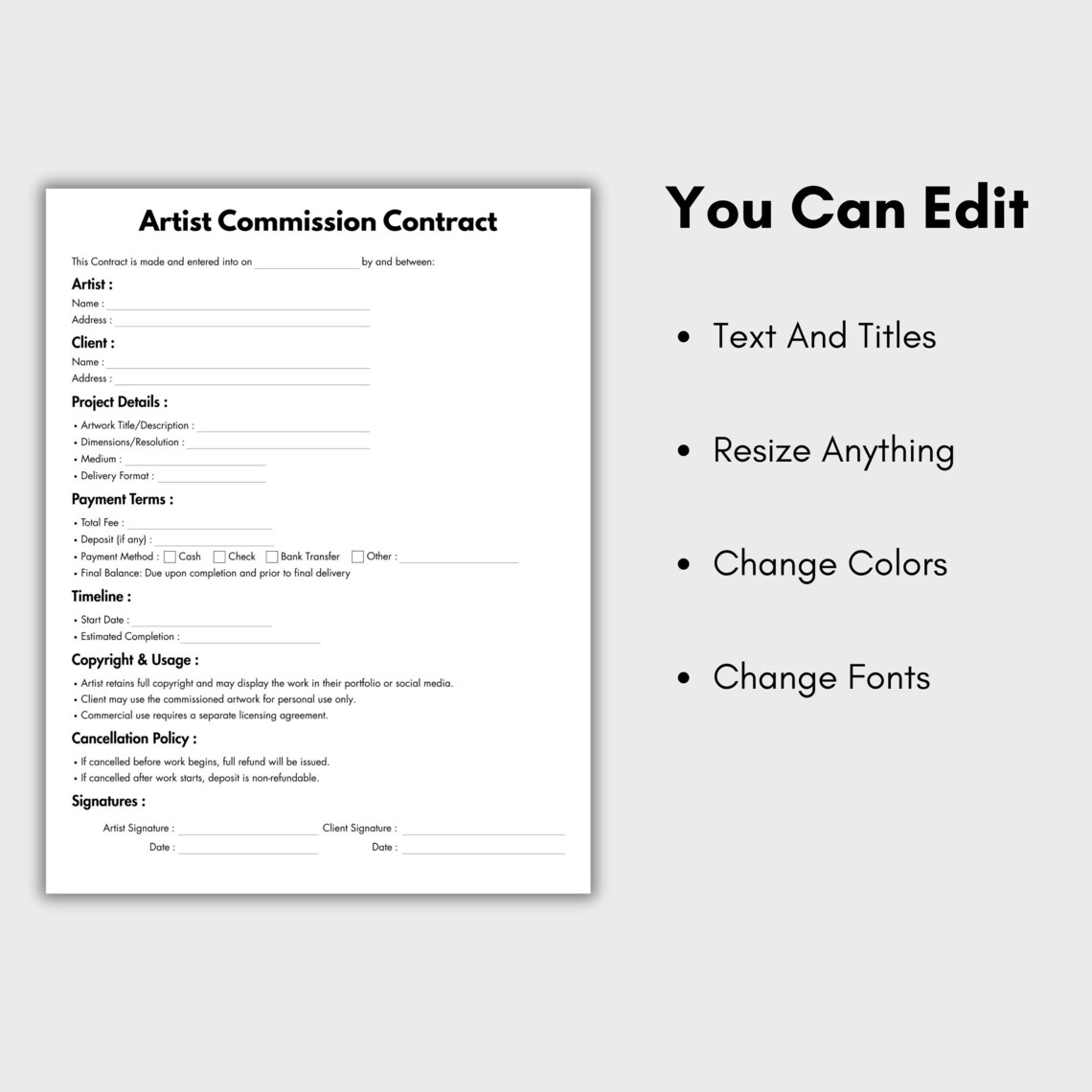 One Page Artist Commission Contract, Editable Agreement for Art ...