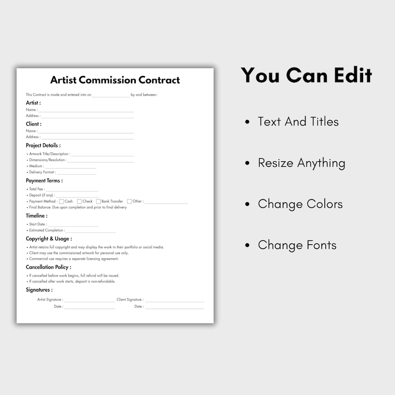 One Page Artist Commission Contract, Editable Agreement for Art ...