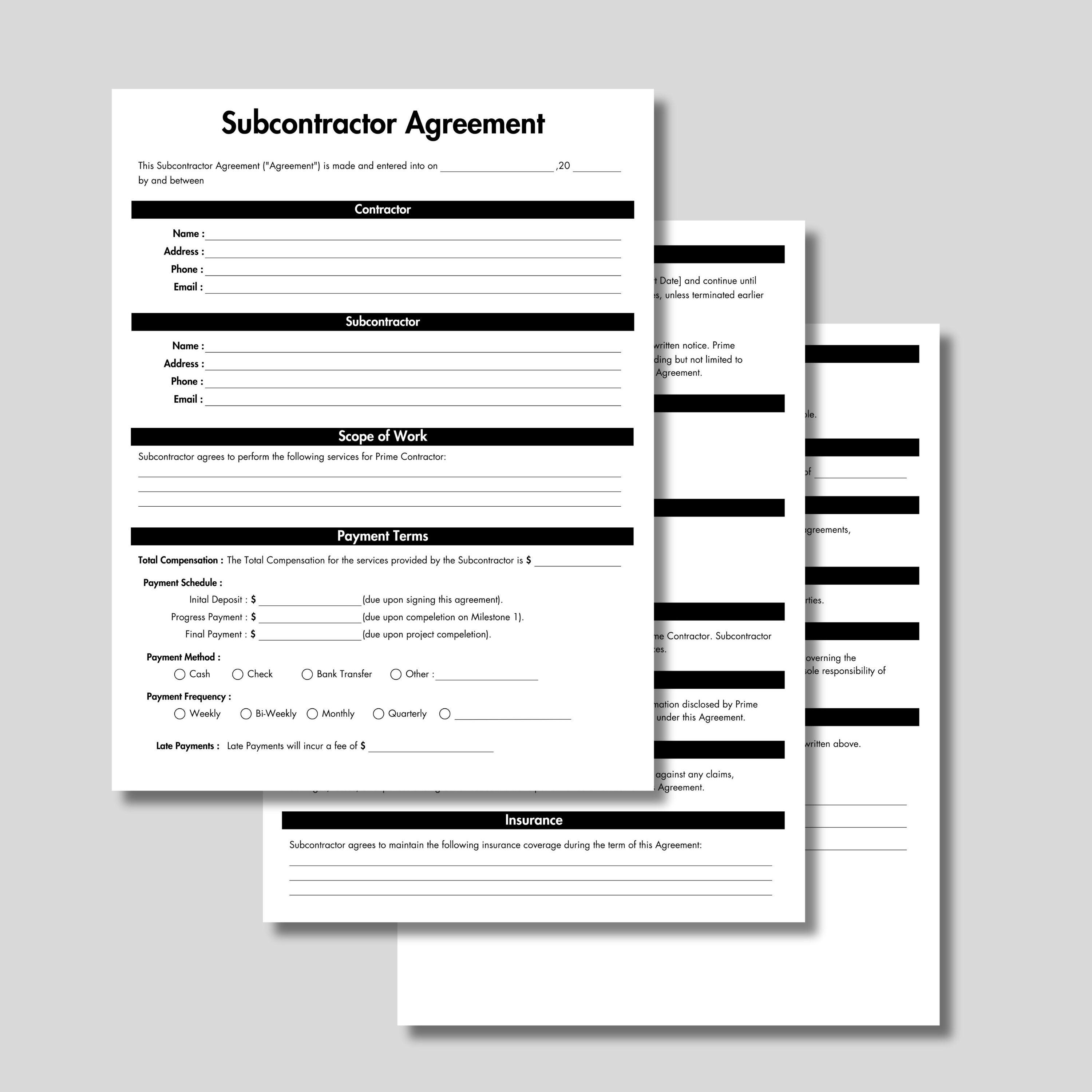 Editable Subcontractor Agreement Template, Printable Job Subcontractor ...