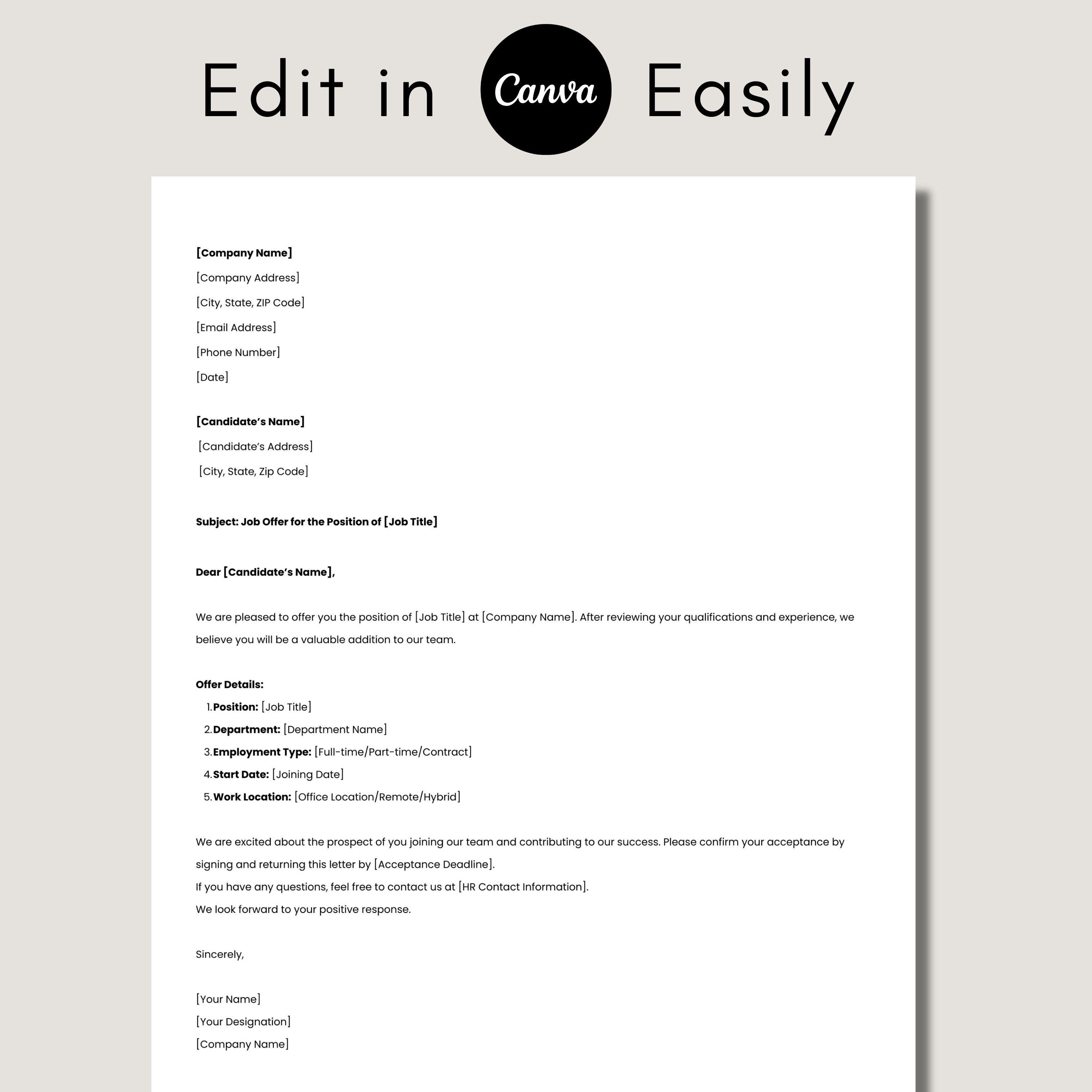Editable Job Offer Letter, Printable Employment Offer Letter Form ...