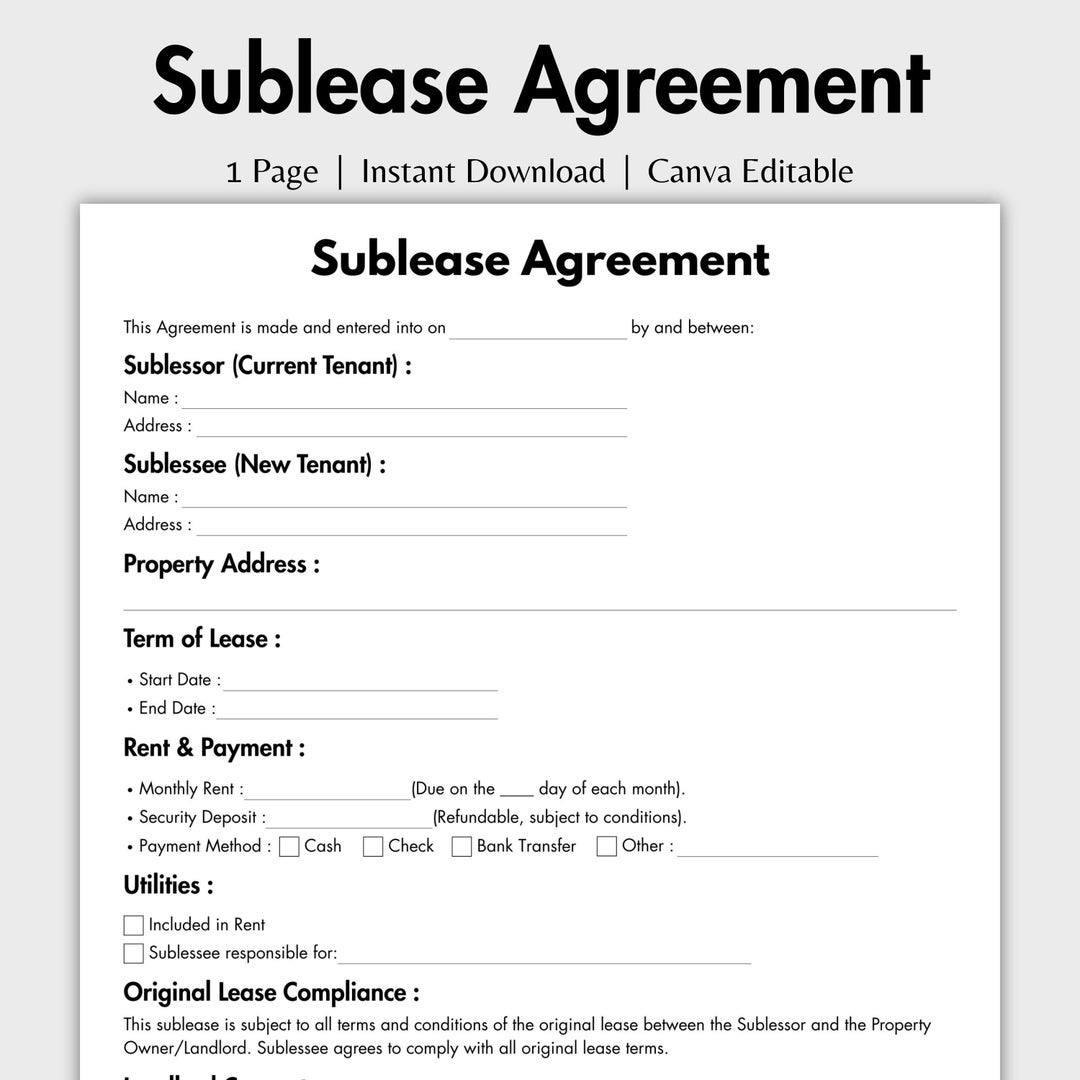 One Page Sublease Agreement, Editable Commercial Sublet Contract Form ...