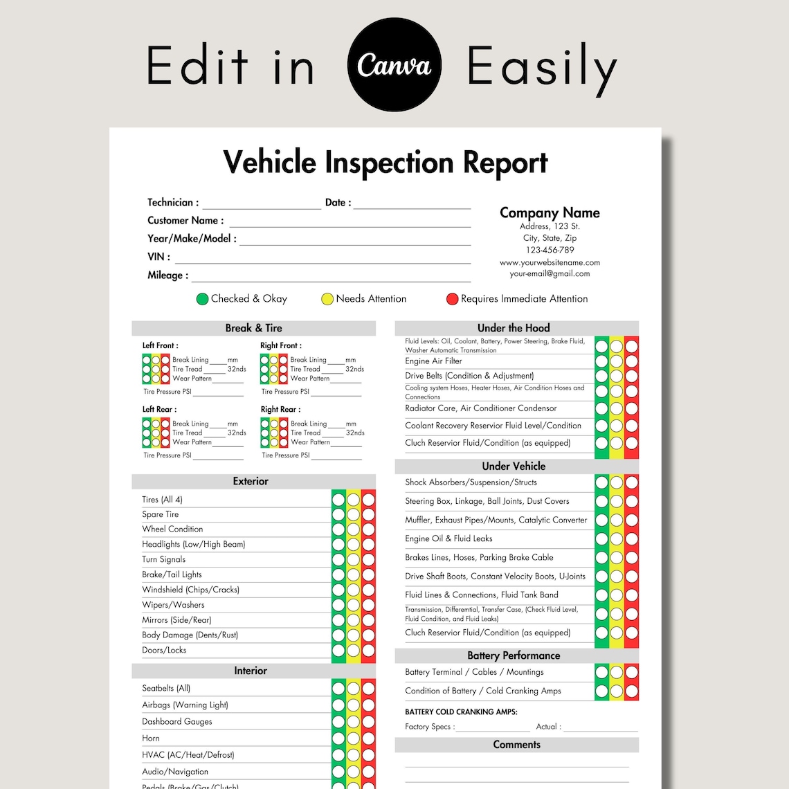 Vehicle Inspection Report, Editable Car or Equipment Rental Inspection ...