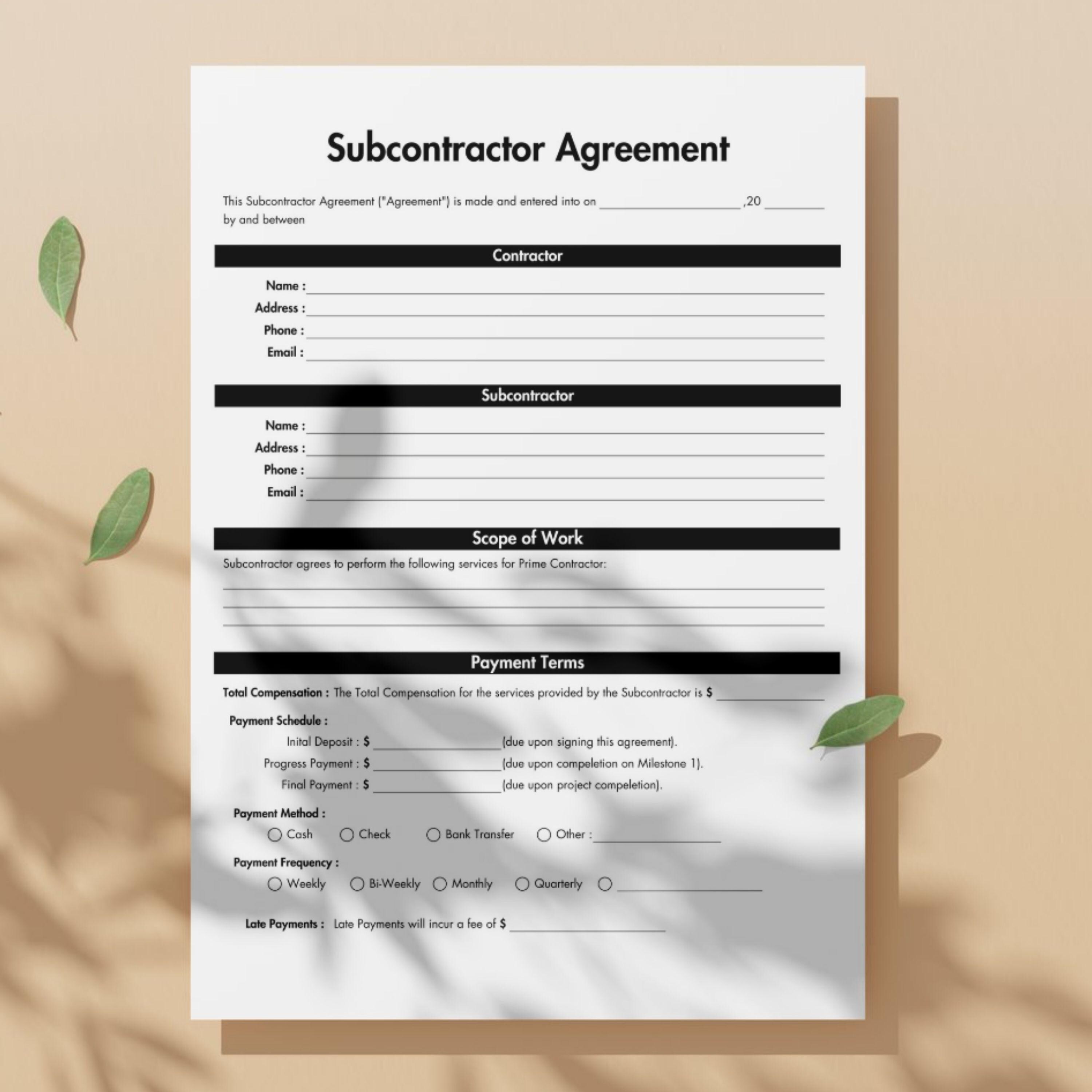 Editable Subcontractor Agreement Template, Printable Job Subcontractor Agreement Forms ...