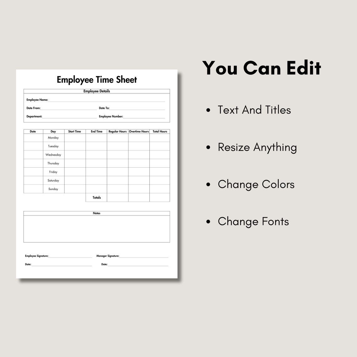 Editable Employee Time Sheet, Timekeeping Sheet Form, Staff Management ...