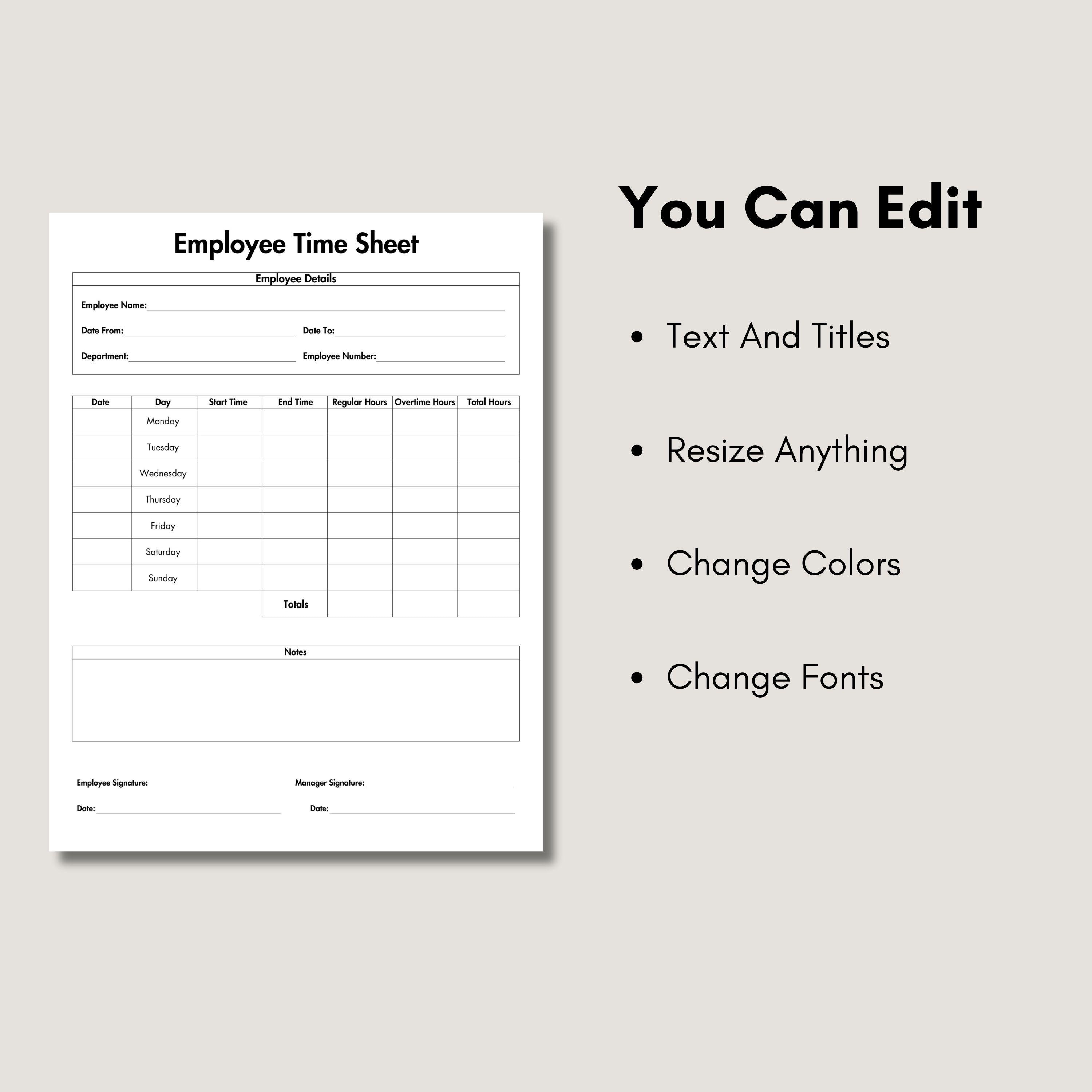 Editable Employee Time Sheet, Timekeeping Sheet Form, Staff Management ...