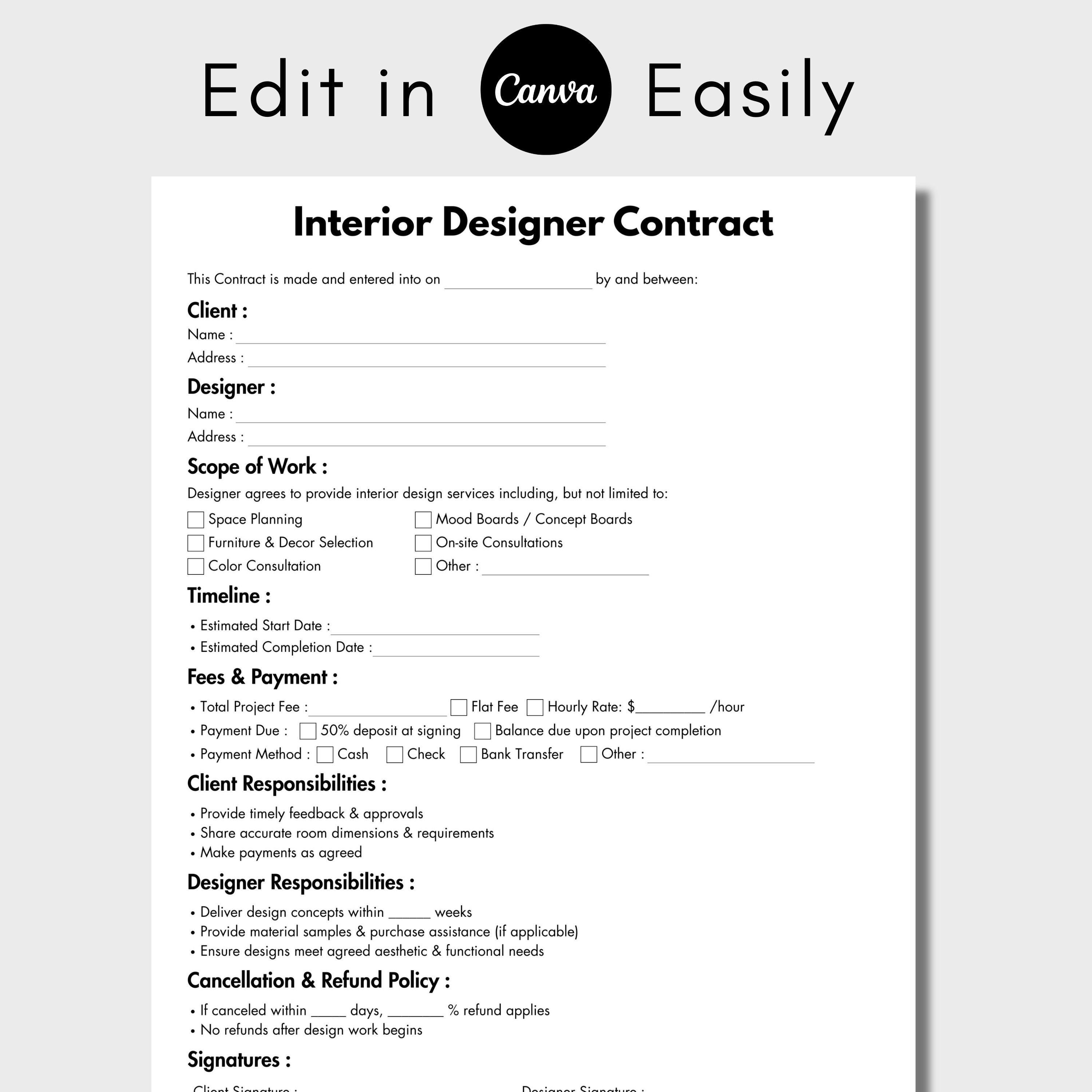 One Page Interior Designer Contract, Editable Interior Decorating Form ...