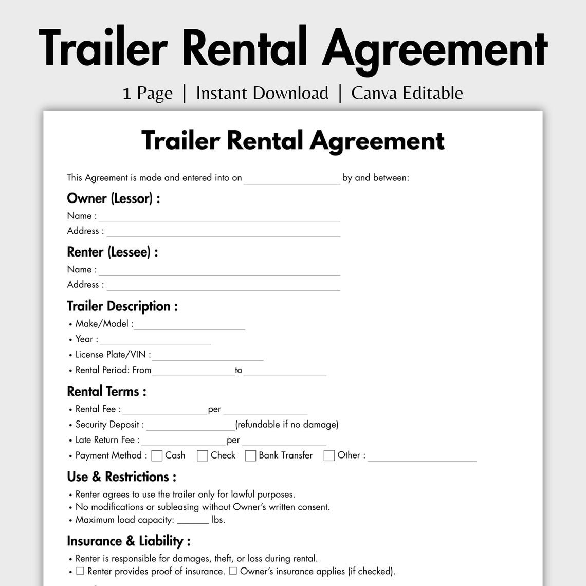 One Page Trailer Rental Agreement, Editable Trailer Rental Contract ...