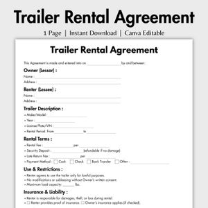 One Page Trailer Rental Agreement, Editable Trailer Rental Contract ...
