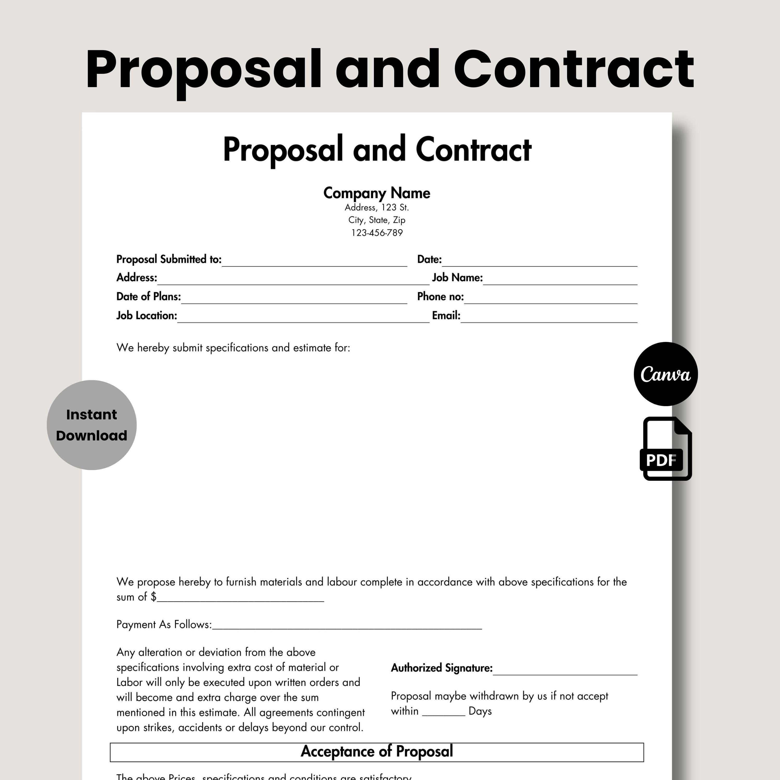 Editable Proposal and Contract Template, Job Proposal Form, Service ...