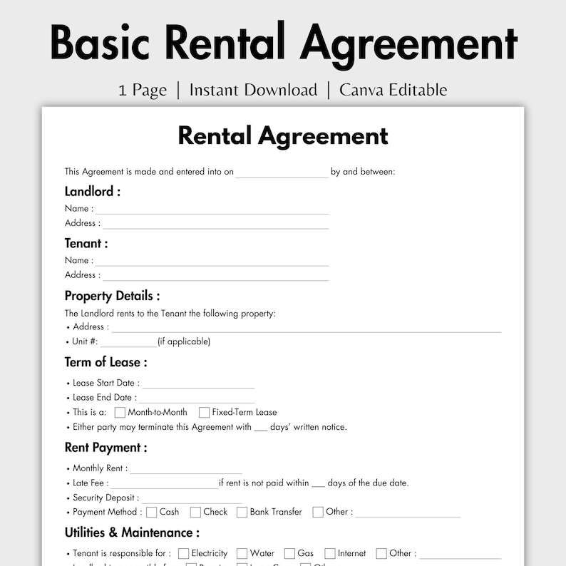 One Page Basic Rental Agreement, Editable Landlord Forms Template Canva ...