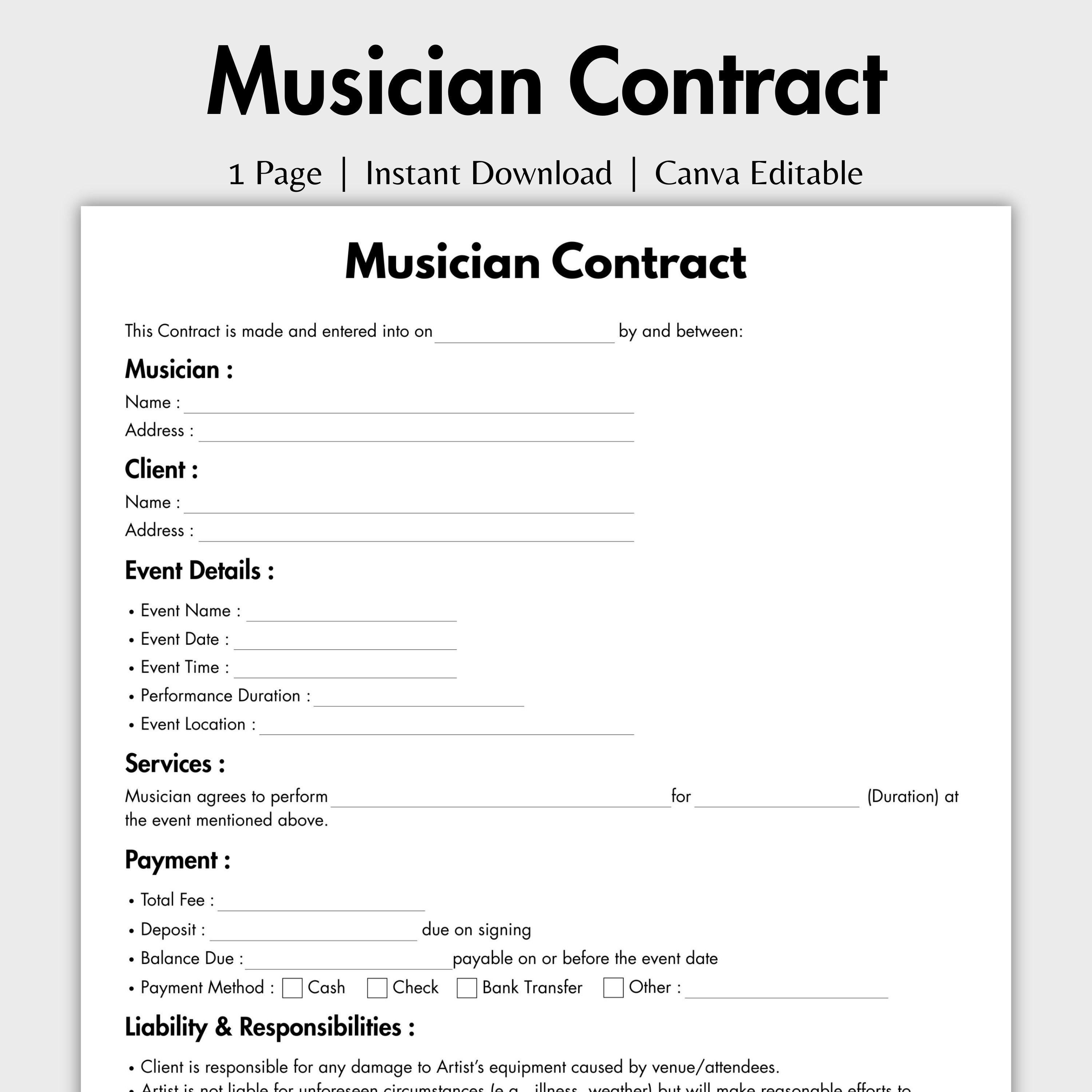 One Page Musician Contract, Editable Musician Collaboration Form ...