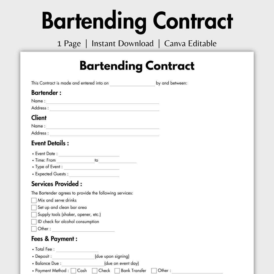 One Page Bartending Contract, Editable Bartender Agreement Template ...
