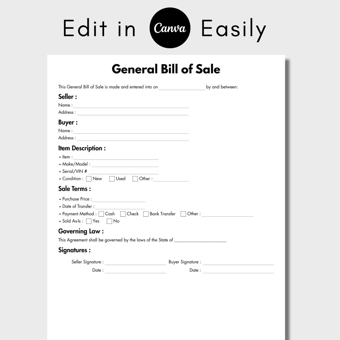 One Page General Bill of Sale, Editable Bill of Sale Form Template ...