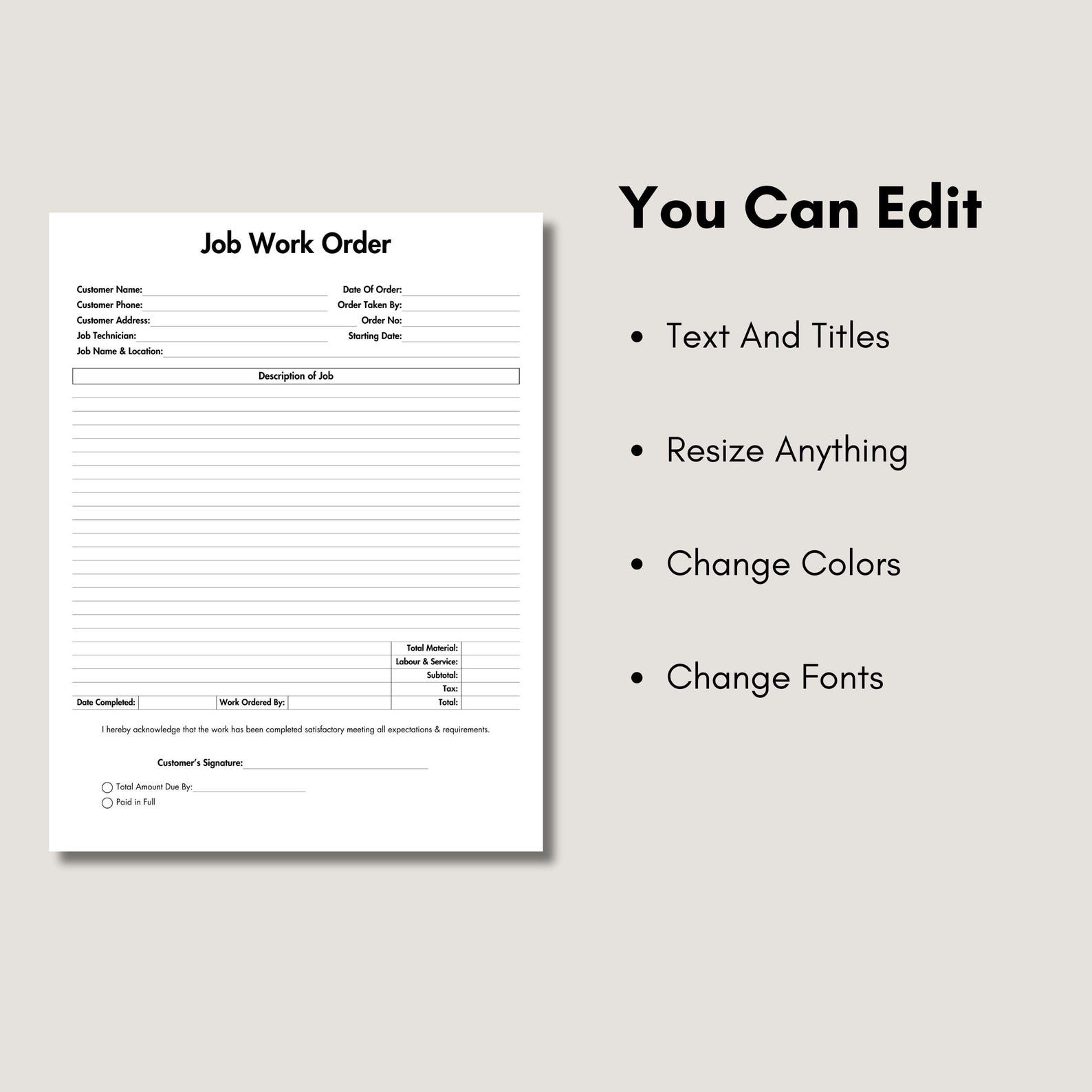 Editable Job Work Order Form, Business Job Work Order Template, Job ...