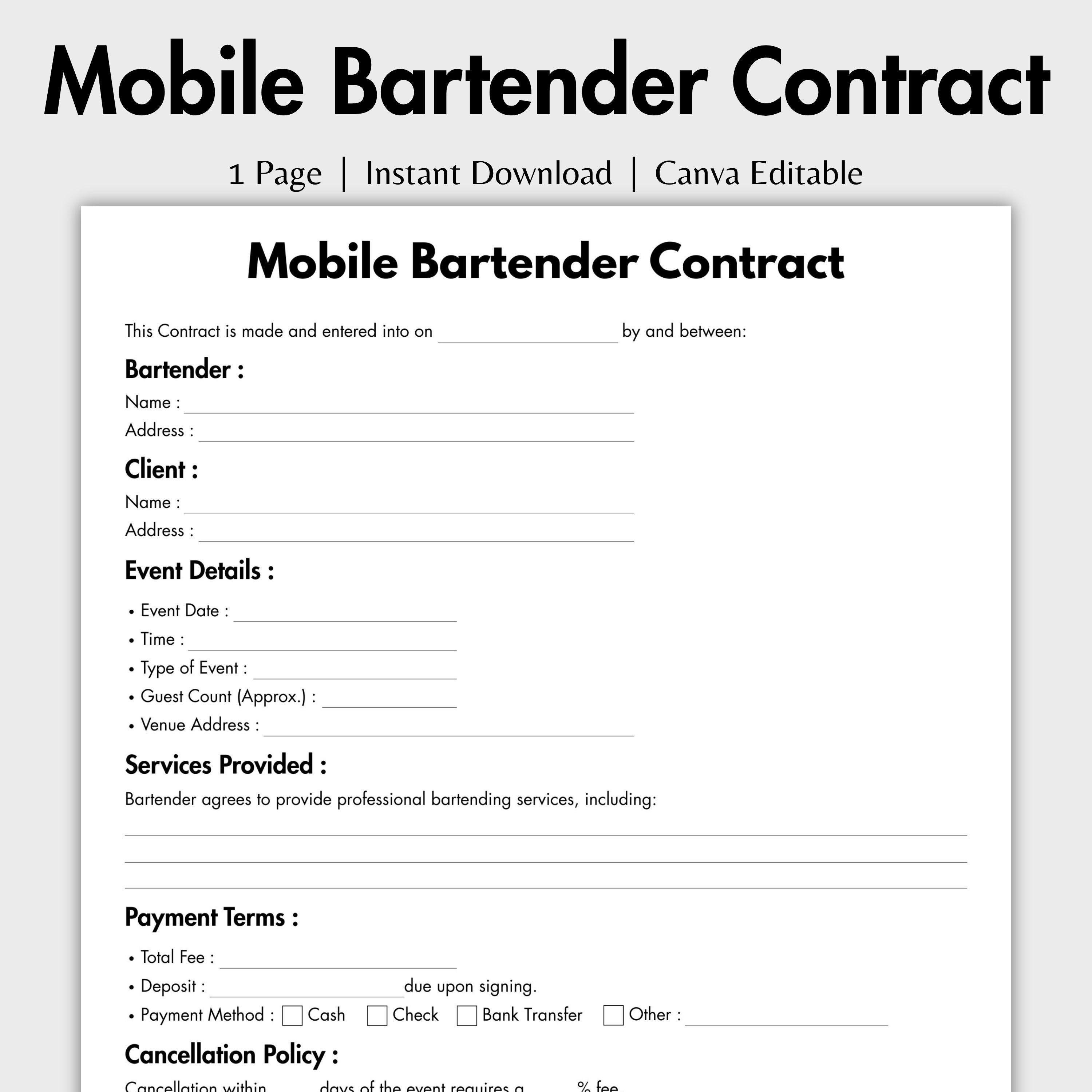 One Page Mobile Bartender Contract, Editable Mobile Bar Contract Form ...