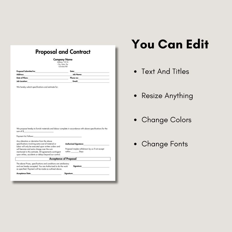 Editable Proposal and Contract Template, Job Proposal Form, Service ...