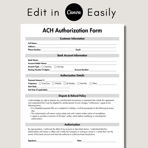 ACH Authorization Form Template, Editable Debit Authorization Form, ACH ...