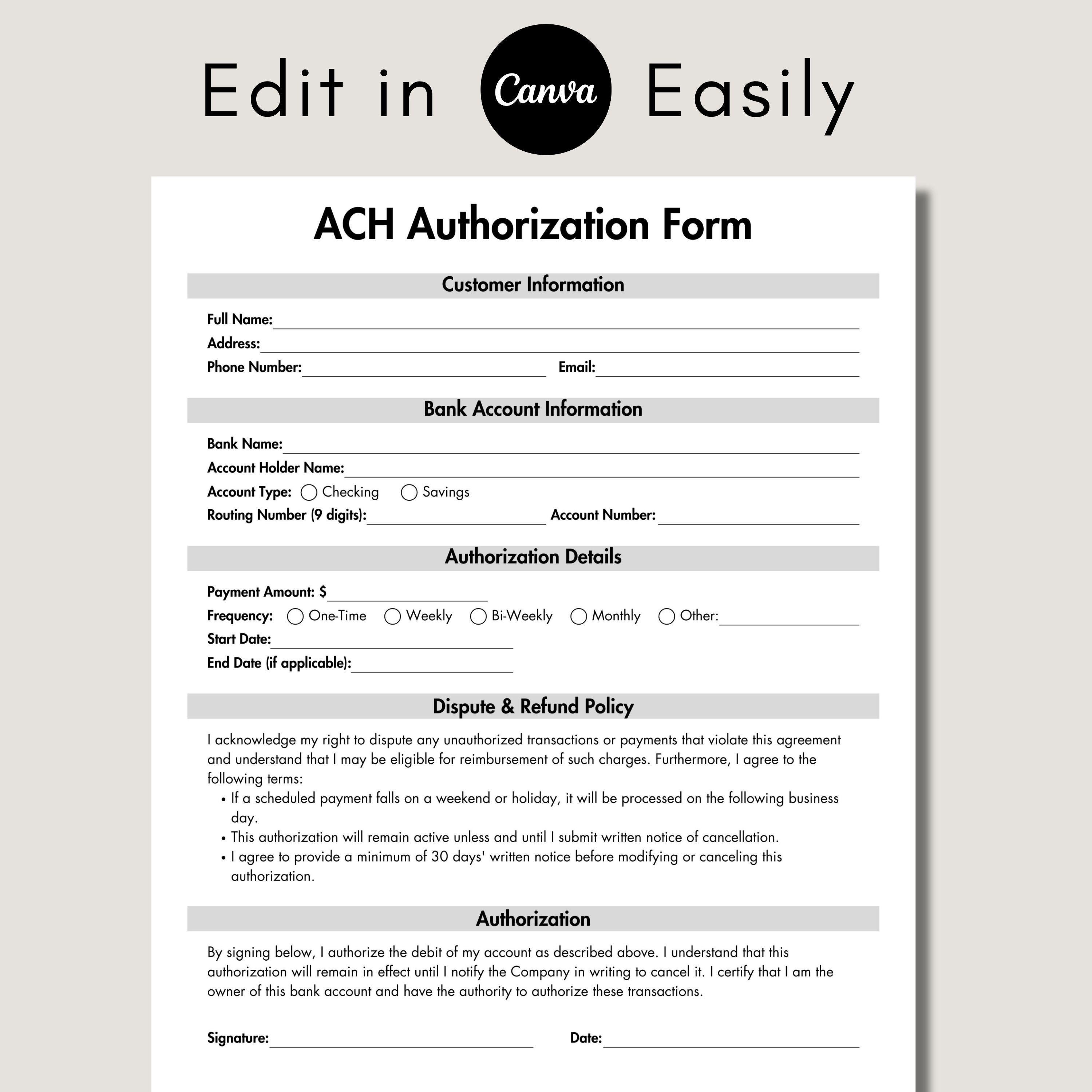 ACH Authorization Form Template, Editable Debit Authorization Form, ACH ...