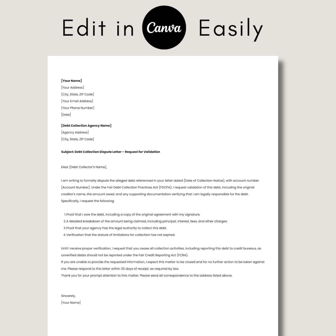 Debt Collection Dispute Letter, Printable Debt Dispute Letter, Debt ...