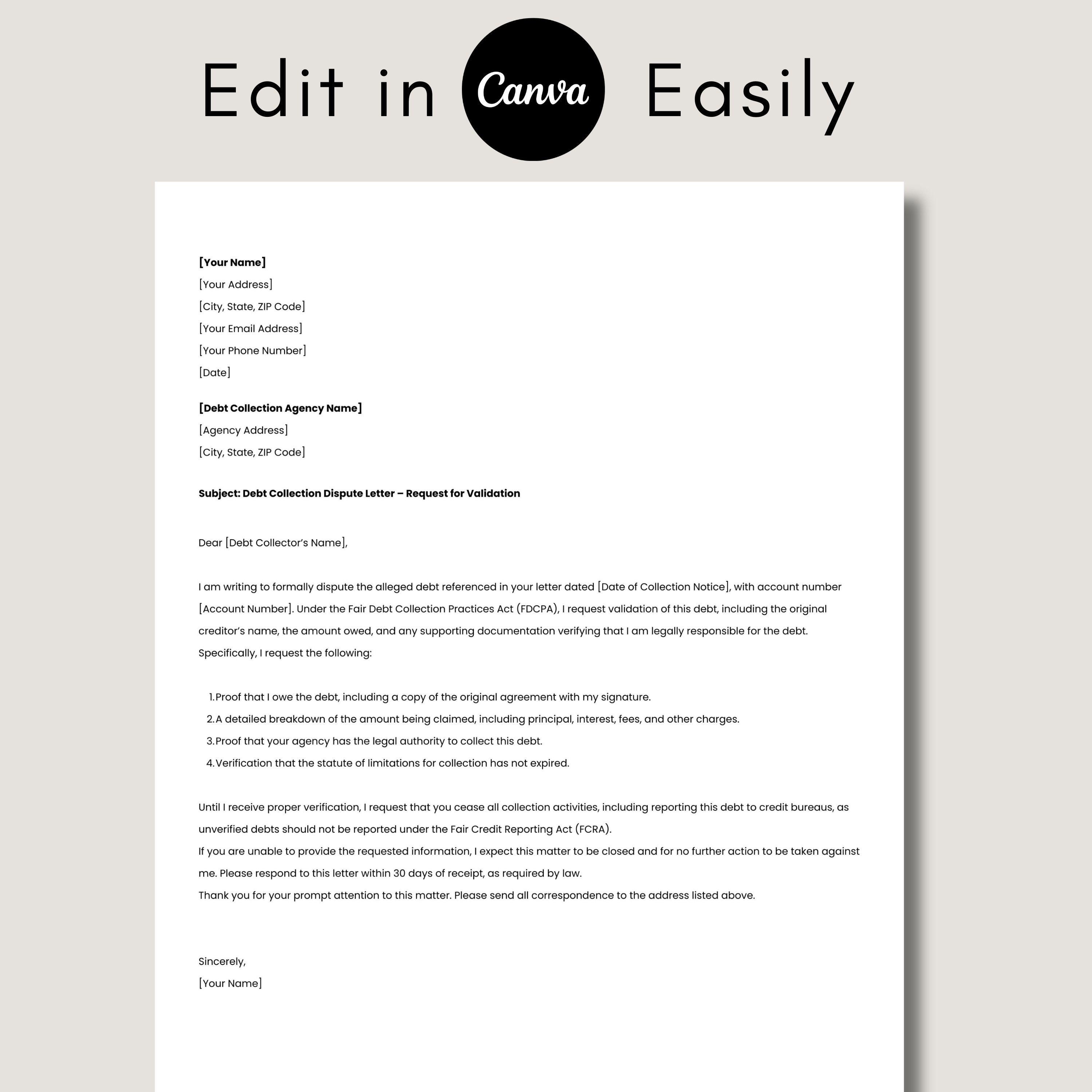 Debt Collection Dispute Letter, Printable Debt Dispute Letter, Debt ...
