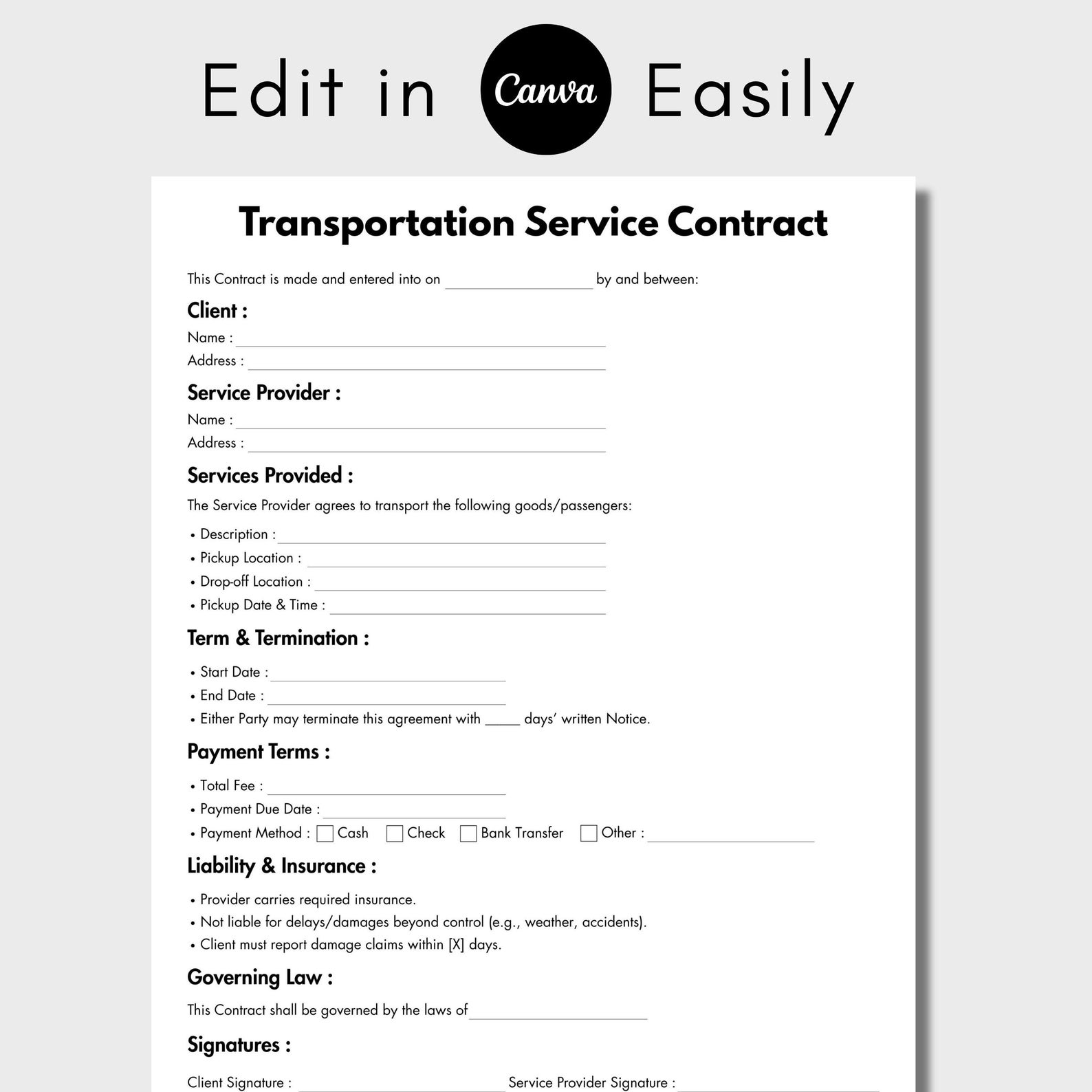 One Page Transportation Service Contract, Editable Transporter Contract ...