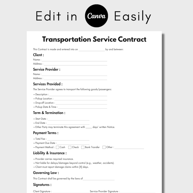 One Page Transportation Service Contract, Editable Transporter Contract ...