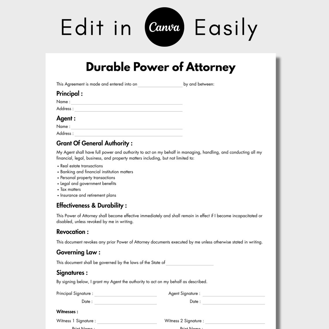 One Page Durable Power of Attorney Template, Editable Durable Financial ...