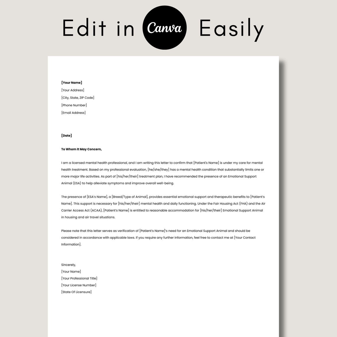 Editable Emotional Support Animal Letter, Printable Service Animal ...