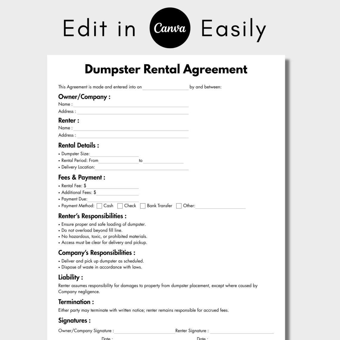 One Page Dumpster Rental Agreement, Editable Contract for Waste ...