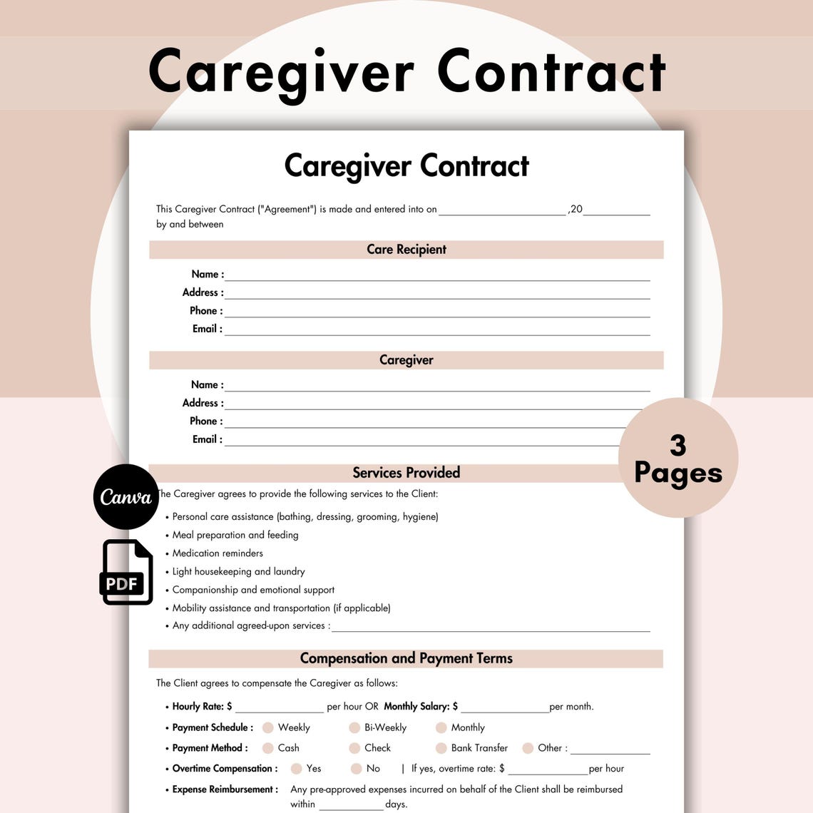 Caregiving Contract, Homecare Agreement, Editable Caregiving Employment ...