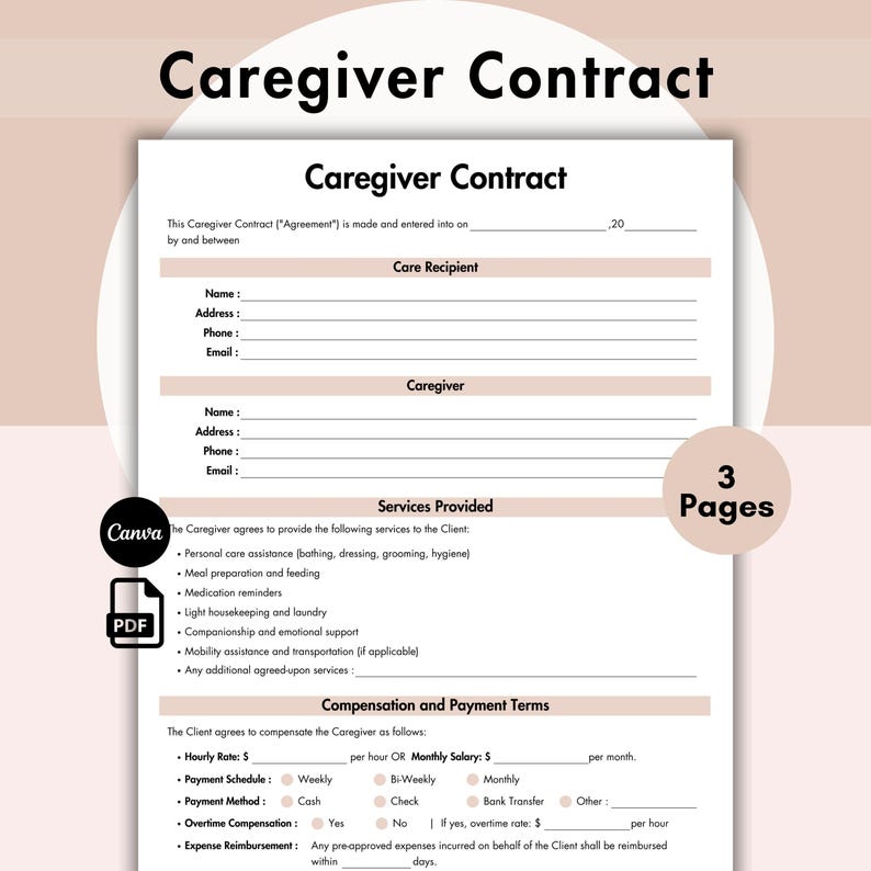 Caregiving Contract, Homecare Agreement, Editable Caregiving Employment ...