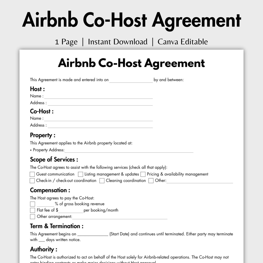 One Page Airbnb Co-host Agreement, Editable Vacation Rental Management ...