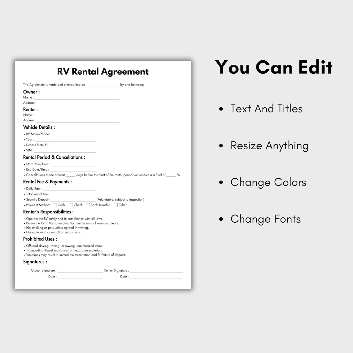 One Page RV Rental Agreement, Editable Rental Form Template Canva ...