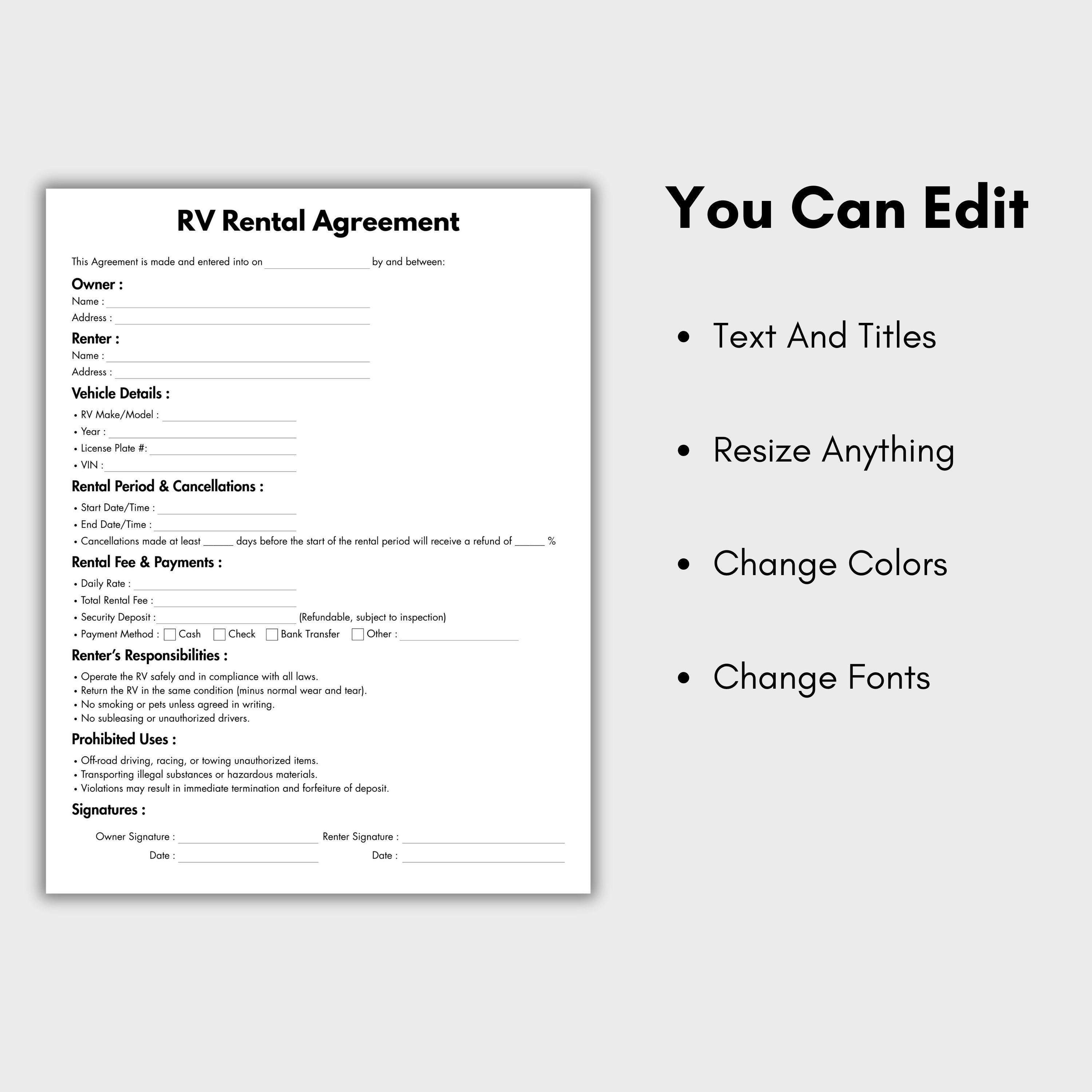 One Page RV Rental Agreement, Editable Rental Form Template Canva ...