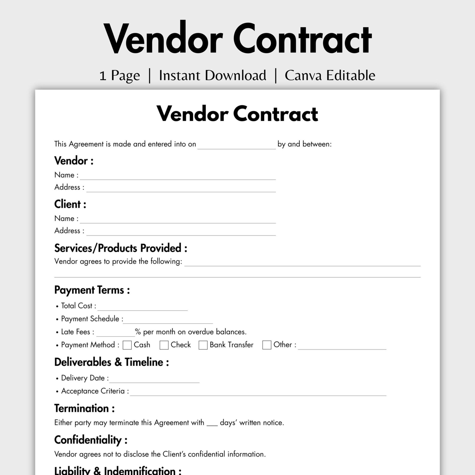 One Page Vendor Contract, Editable Popup Event Vendor Template Canva ...
