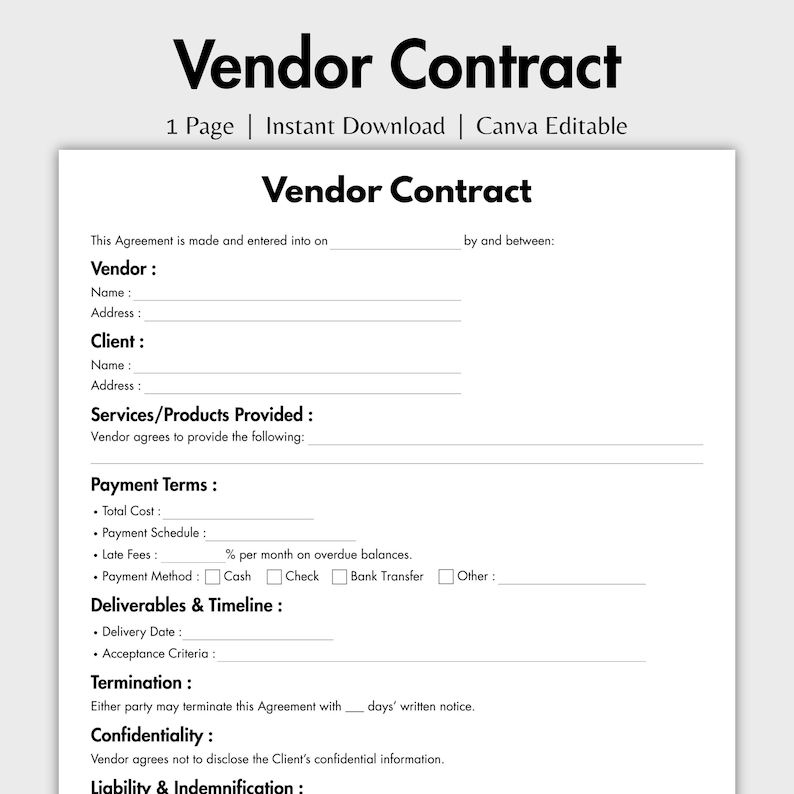 One Page Vendor Contract, Editable Popup Event Vendor Template Canva ...
