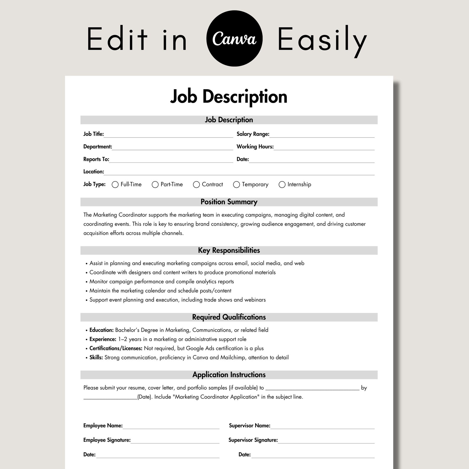Job Description Template, Editable Job Description Form, HR Template ...