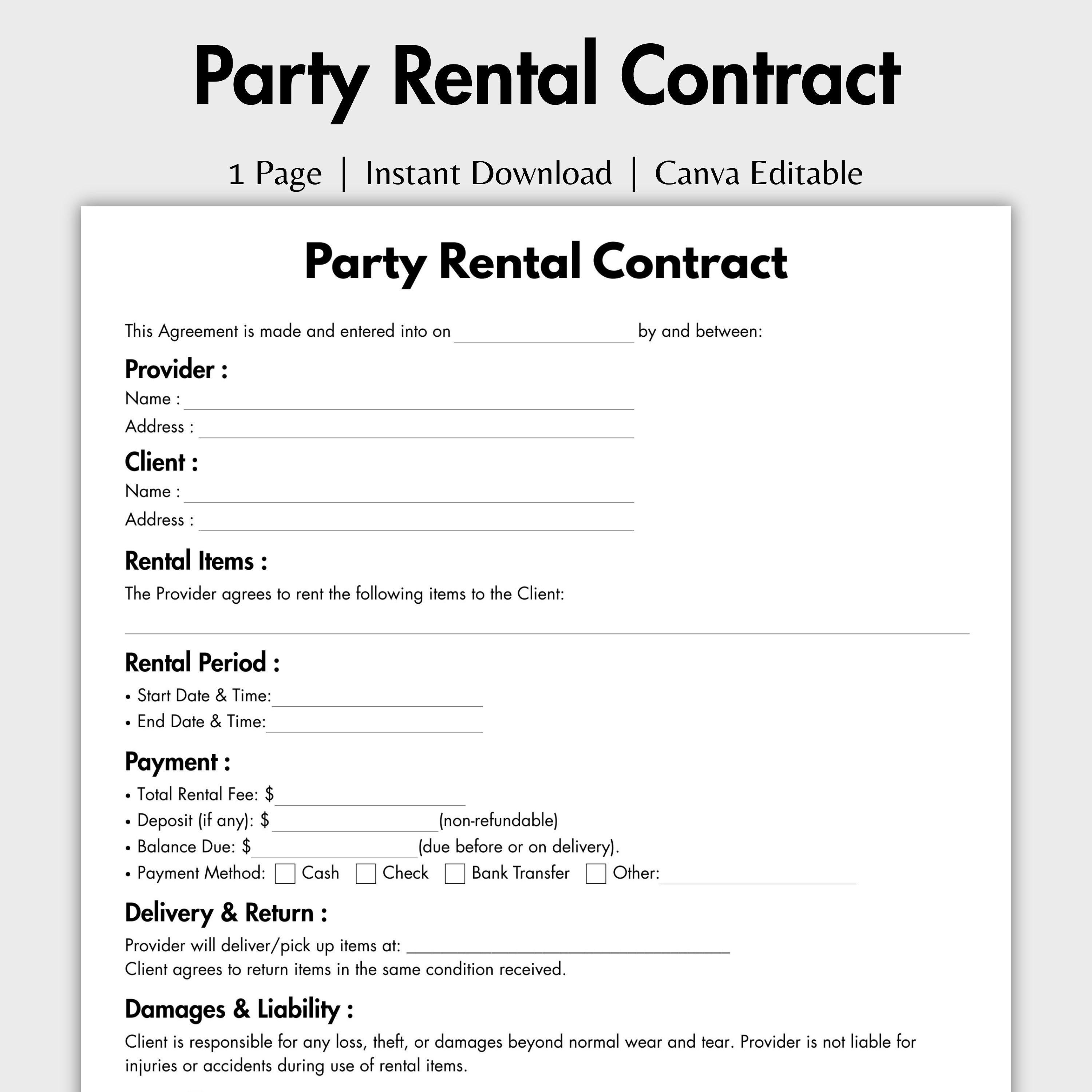 One Page Party Rental Contract, Editable Party Rental Agreement Form ...