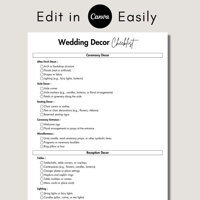Wedding Decor Checklist, Printable & Editable Wedding Decor Plan ...