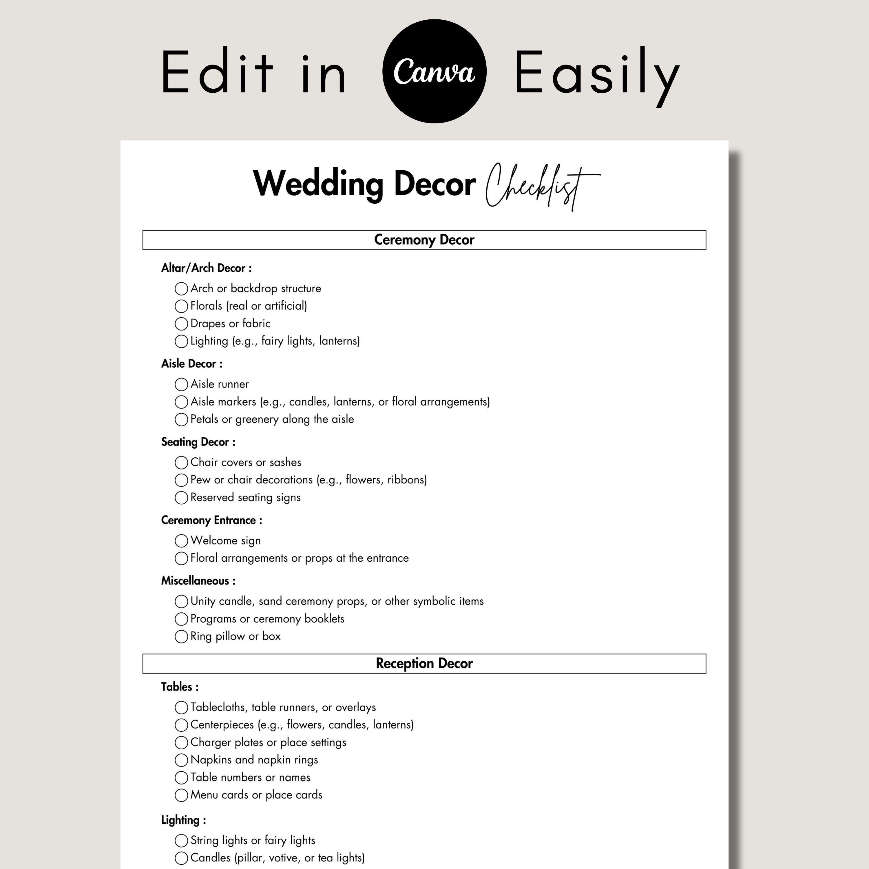 Wedding Decor Checklist, Printable & Editable Wedding Decor Plan ...