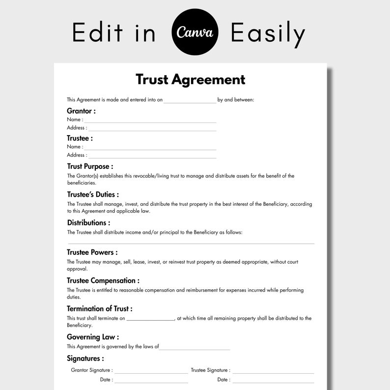 One Page Trust Agreement, Editable Trust Contract Form Template ...